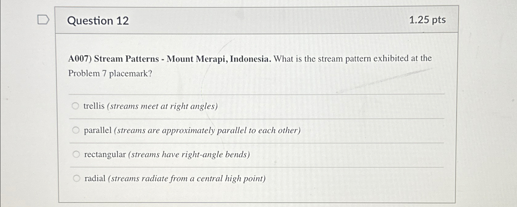 Solved Question 121.25ptsA007) ﻿Stream Patterns - ﻿Mount | Chegg.com