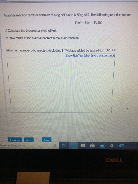 Solved An Initial Reaction Mixture Contains 9 42 G Of Fe And