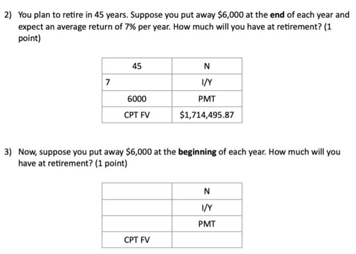 Solved 2) You plan to retire in 45 years. Suppose you put | Chegg.com