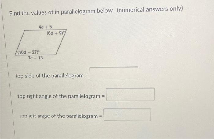 Solved Find the values of in parallelogram below. (numerical | Chegg.com