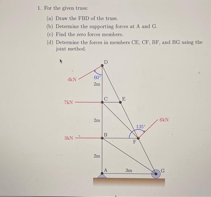 Solved 1. For the given truss: (a) Draw the FBD of the | Chegg.com