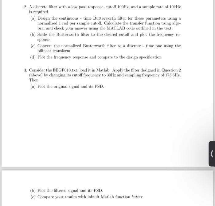 Solved 2. A discrete filter with a low pass response, cutoff | Chegg.com