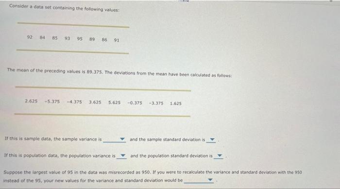 Solved Consider a data set containing the following values: | Chegg.com