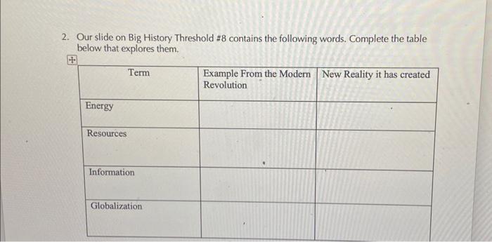 Solved 2. Our slide on Big History Threshold \#8 contains | Chegg.com