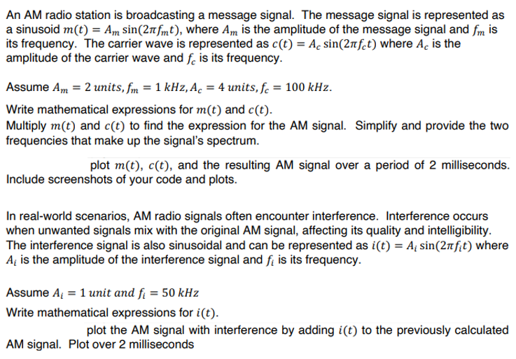 Solved An AM radio station is broadcasting a message signal. | Chegg.com