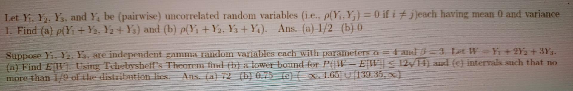 Solved Let Y1,Y2,Y3, and Y4 be (pairwise) uncorrelated | Chegg.com