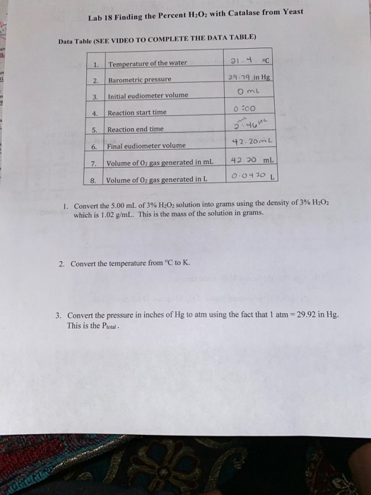Solved Lab 18 Finding the Percent H20, with Catalase from | Chegg.com