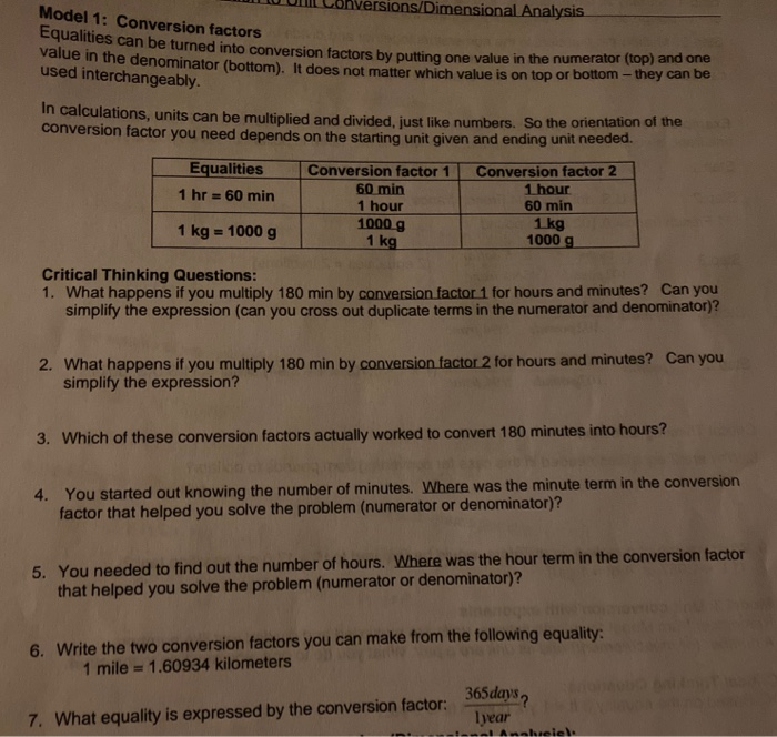 Solved Model 1: Conversion factors ersions/Dimensional | Chegg.com