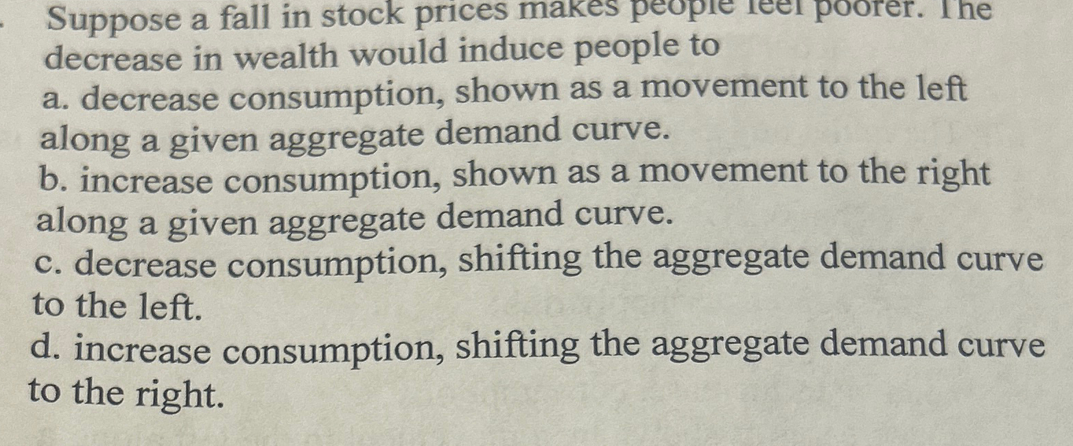 Solved Suppose a fall in stock prices makes peopie leel | Chegg.com