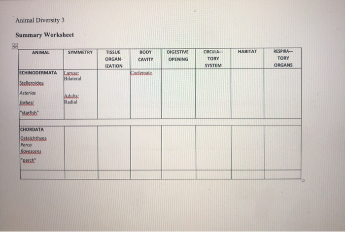 Solved Animal Diversity 3 Summary Worksheet ANIMAL SYMMETRY | Chegg.com