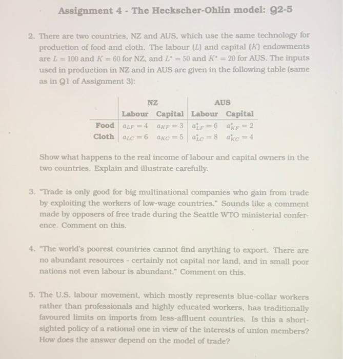 Solved Assignment 4 - The Heckscher-Ohlin model: Q2-5 2. | Chegg.com