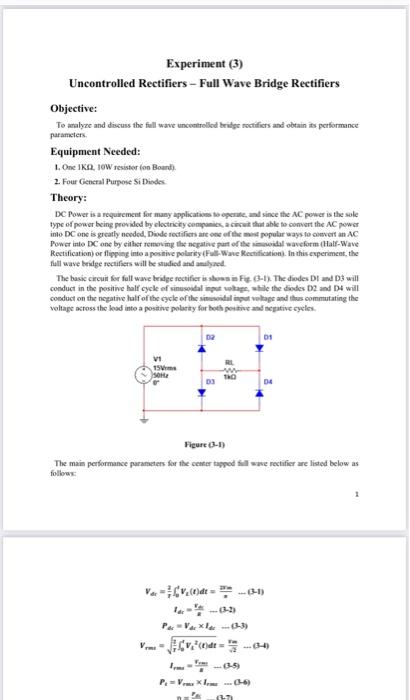 Solved Experiment (3) Uncontrolled Rectifiers - Full Wave | Chegg.com