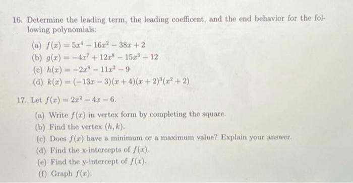 Solved 16. Determine the leading term, the leading | Chegg.com