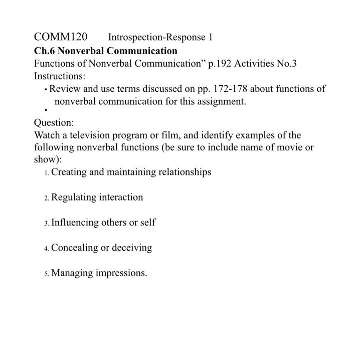 COMM120 Ch.6 Nonverbal Communication Functions of | Chegg.com