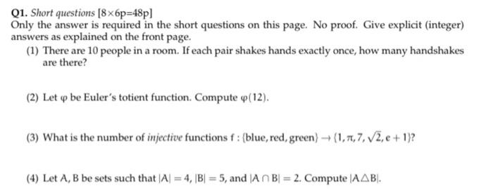 Solved Q1. Short questions [8x6p=48p] Only the answer is | Chegg.com