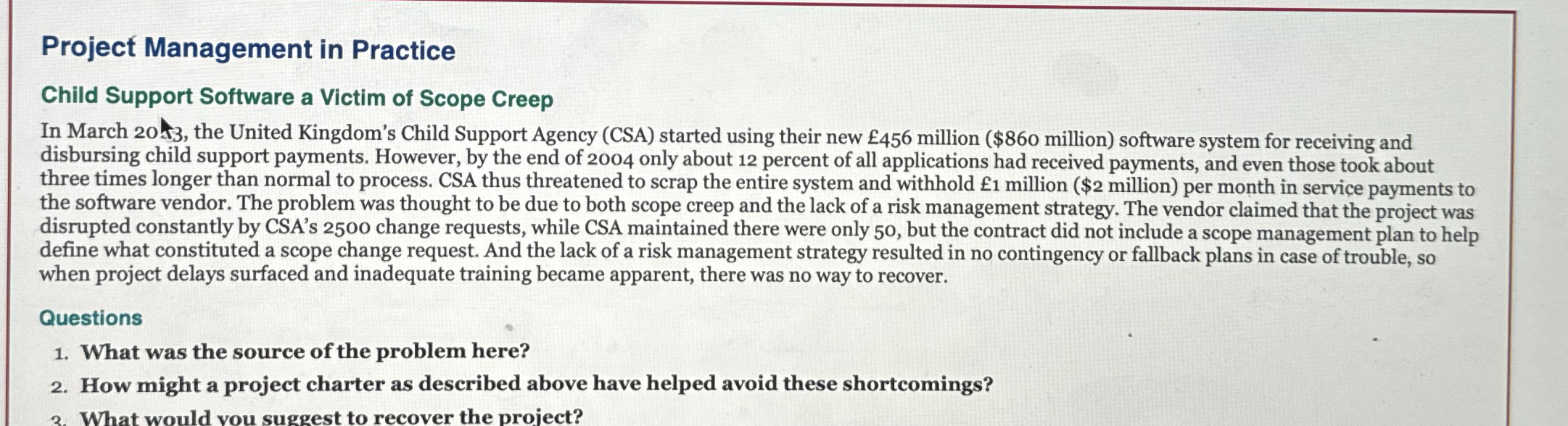 Solved Project Management in PracticeChild Support Software | Chegg.com