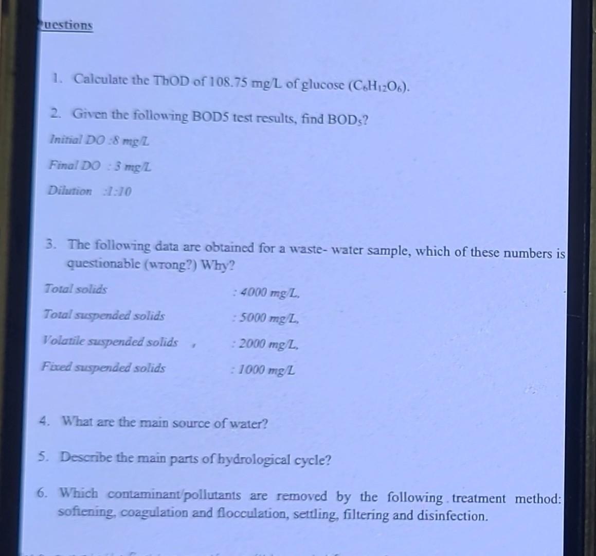 Solved 2. Given the following BOD5 test results, find BOD5 ? | Chegg.com