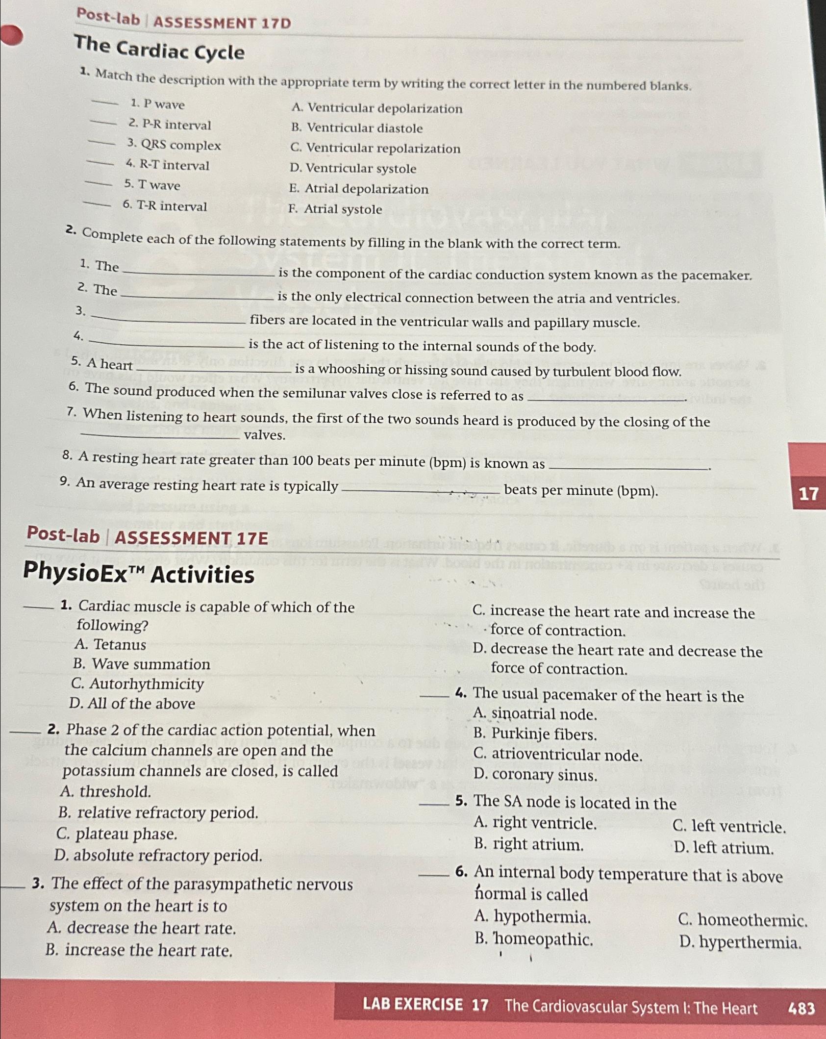 Solved Post-lab Assesment 17D The cardiac cycle | Chegg.com