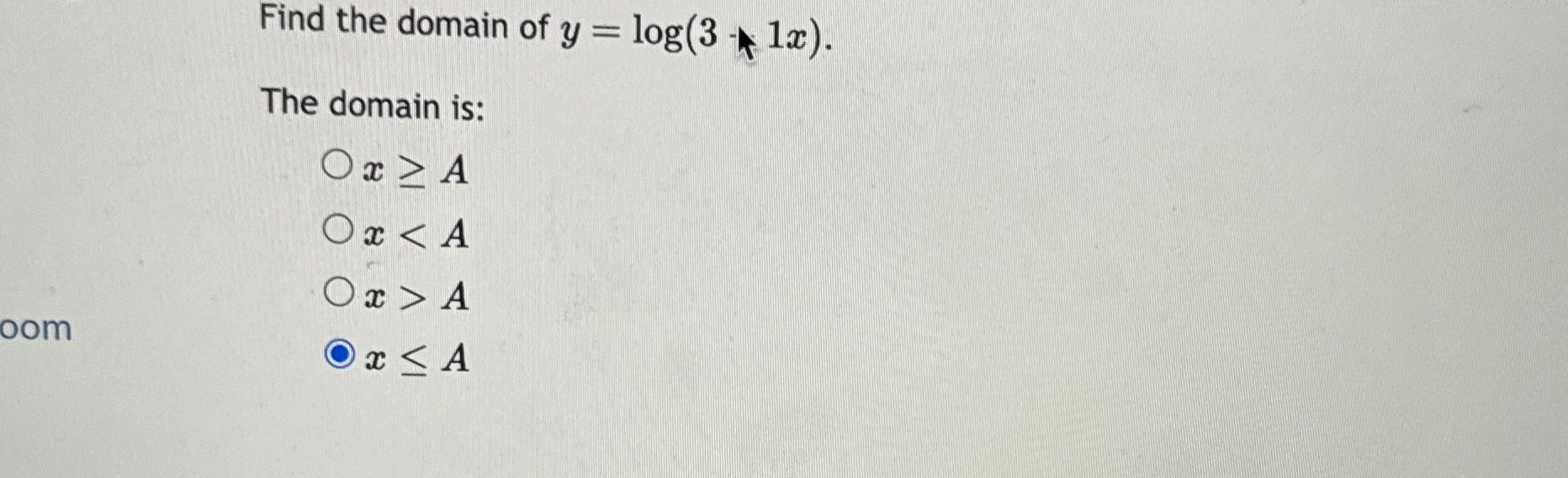 Solved Find the domain of y=log(3+1x).The domain is:x≥AxAx≤A | Chegg.com