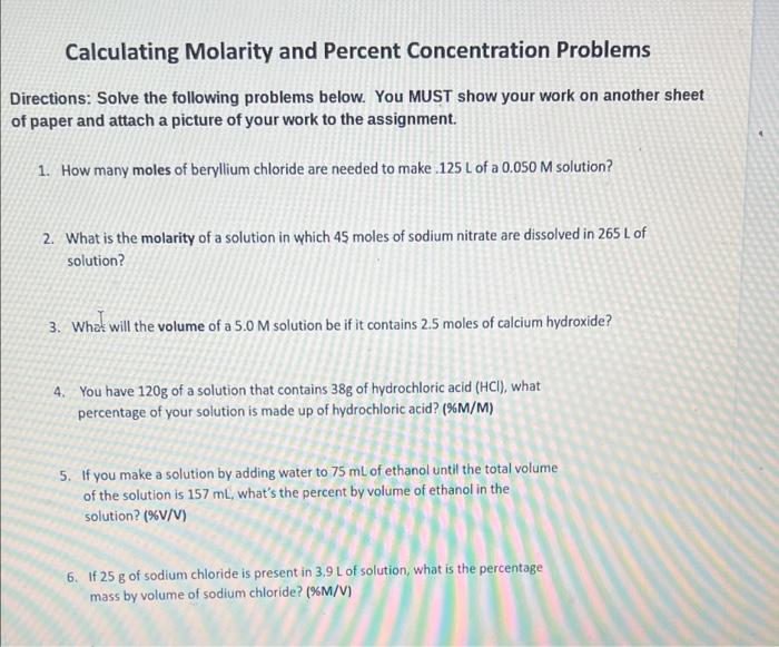 Solved Calculating Molarity and Percent Concentration | Chegg.com