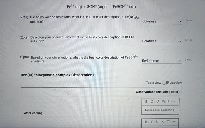 Solved Fe+ (aq) + SCN (aq) → FeSCN2+ (aq) (2pts) Based on | Chegg.com