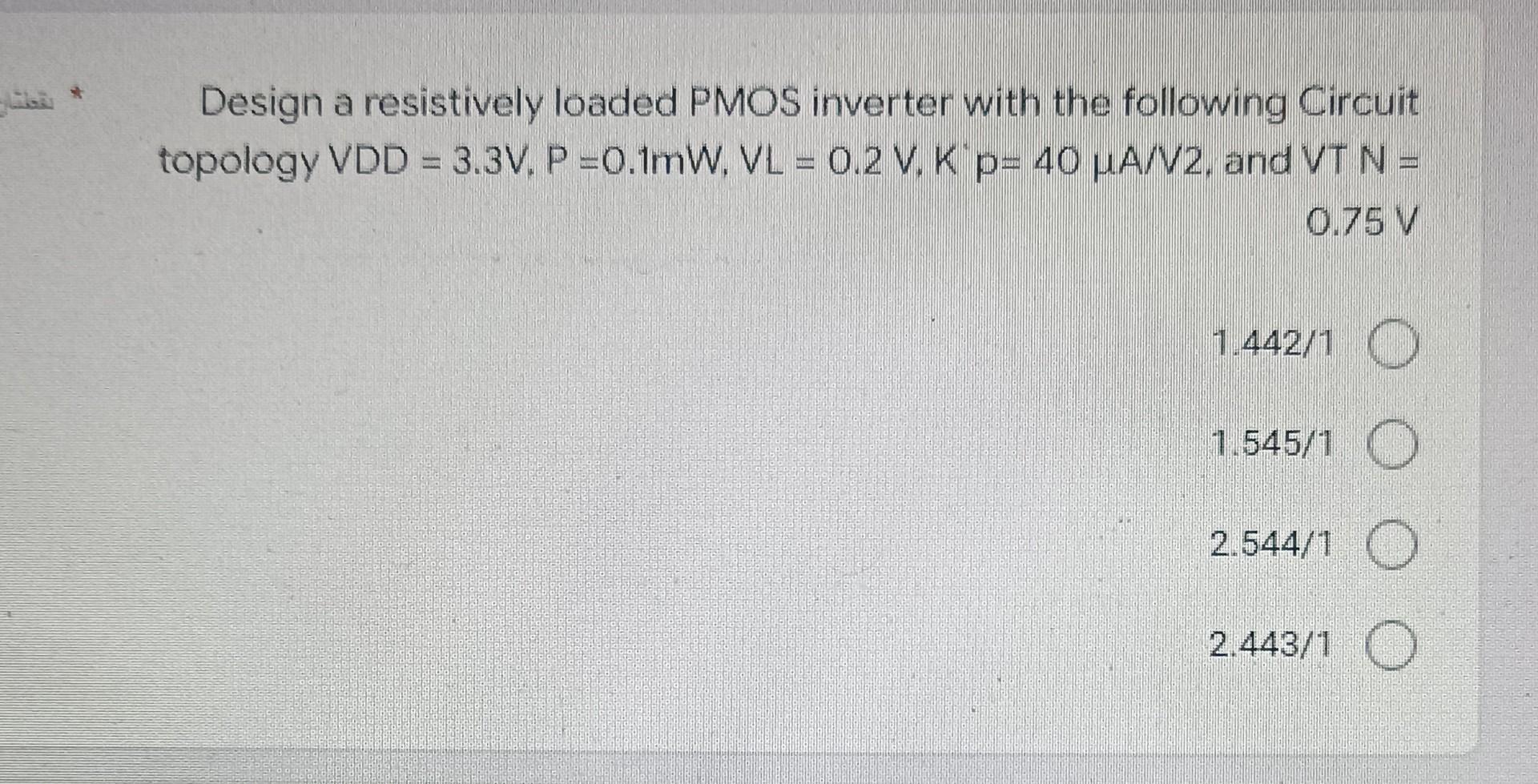 Solved Design a resistively loaded PMOS inverter with the | Chegg.com