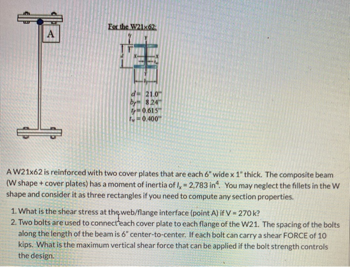 For the W21x62 A d=21.0" by 824" 10.615" 1 = 0.400" A | Chegg.com