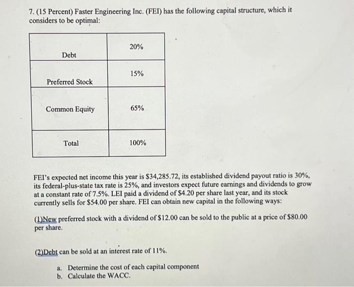 Solved 7. (15 Percent) Faster Engineering Inc. (FEI) has the | Chegg.com