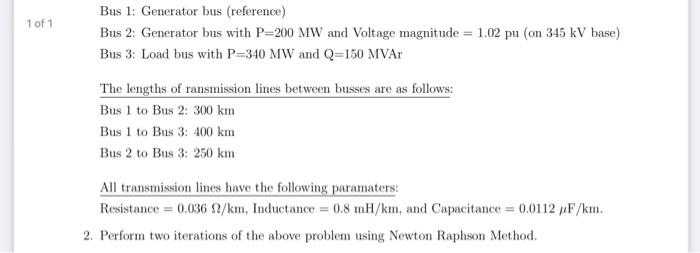 Solved Bus 1: Generator bus (reference) Bus 2: Generator bus | Chegg.com