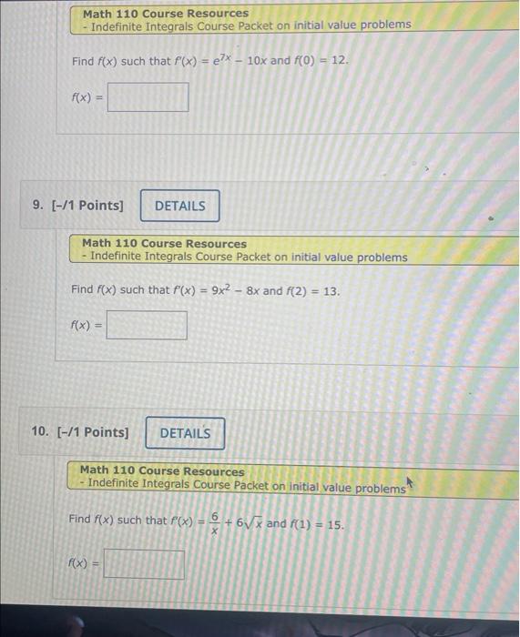 Solved Math 110 Course Resources - Indefinite Integrals | Chegg.com