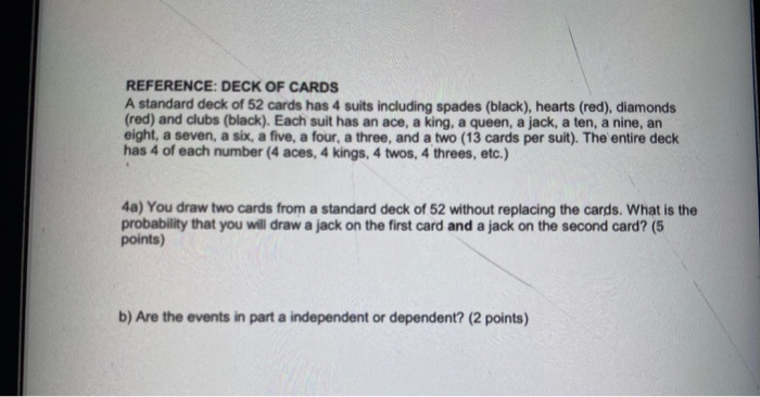 Solved REFERENCE: DECK OF CARDS A standard deck of 52 cards | Chegg.com