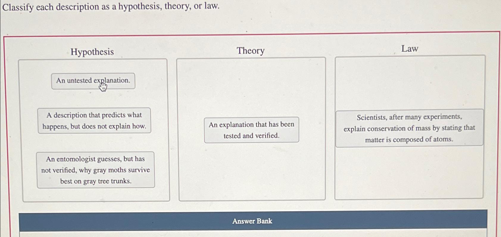 Solved Classify each description as a hypothesis, theory, or | Chegg.com