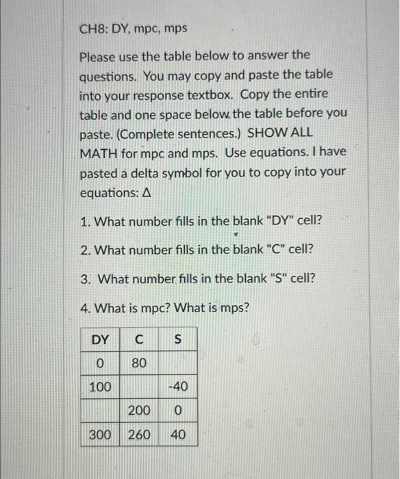 Solved CH8: DY, mpc, mps Please use the table below to | Chegg.com