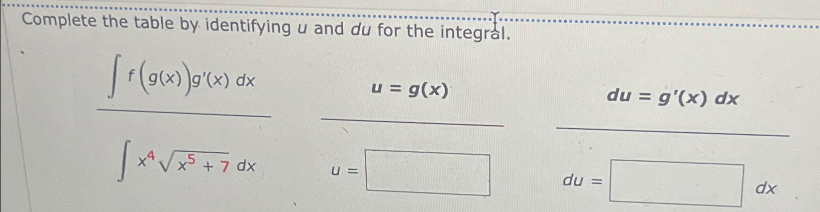 Solved Complete the table by identifying u ﻿and du ﻿for the | Chegg.com