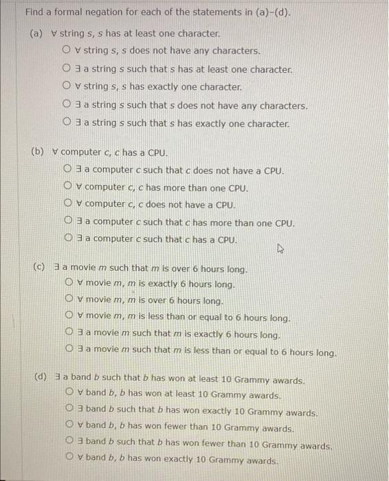 Solved Find a formal negation for each of the statements in | Chegg.com