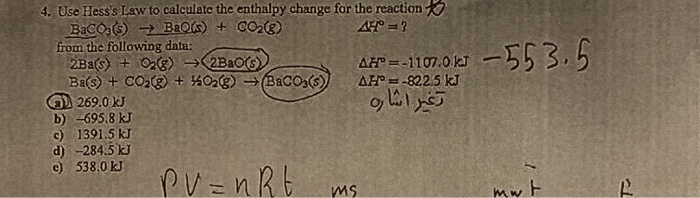 Solved 4. Use Hesss Law to calculate the enthalpy change for | Chegg.com