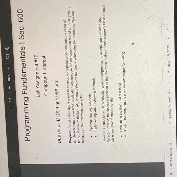 Solved Programming Fundamentals I Sec. 600 Lab Assignment | Chegg.com