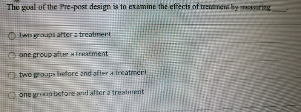 Solved The goal of the Pre-post design is to examine the | Chegg.com