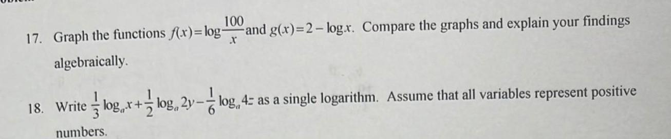 Solved 17. Graph the functions f(x)=logx100 and g(x)=2−logx. | Chegg.com