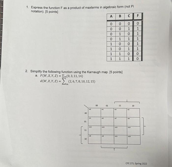 Solved 1. Express the function F as a product of maxterms in | Chegg.com
