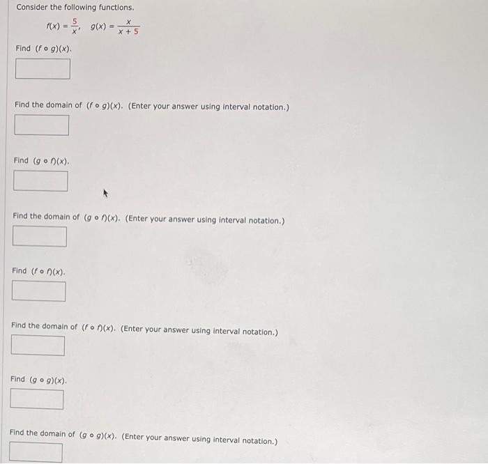 Solved Consider the following functions. f(x)=x5,g(x)=x+5x | Chegg.com