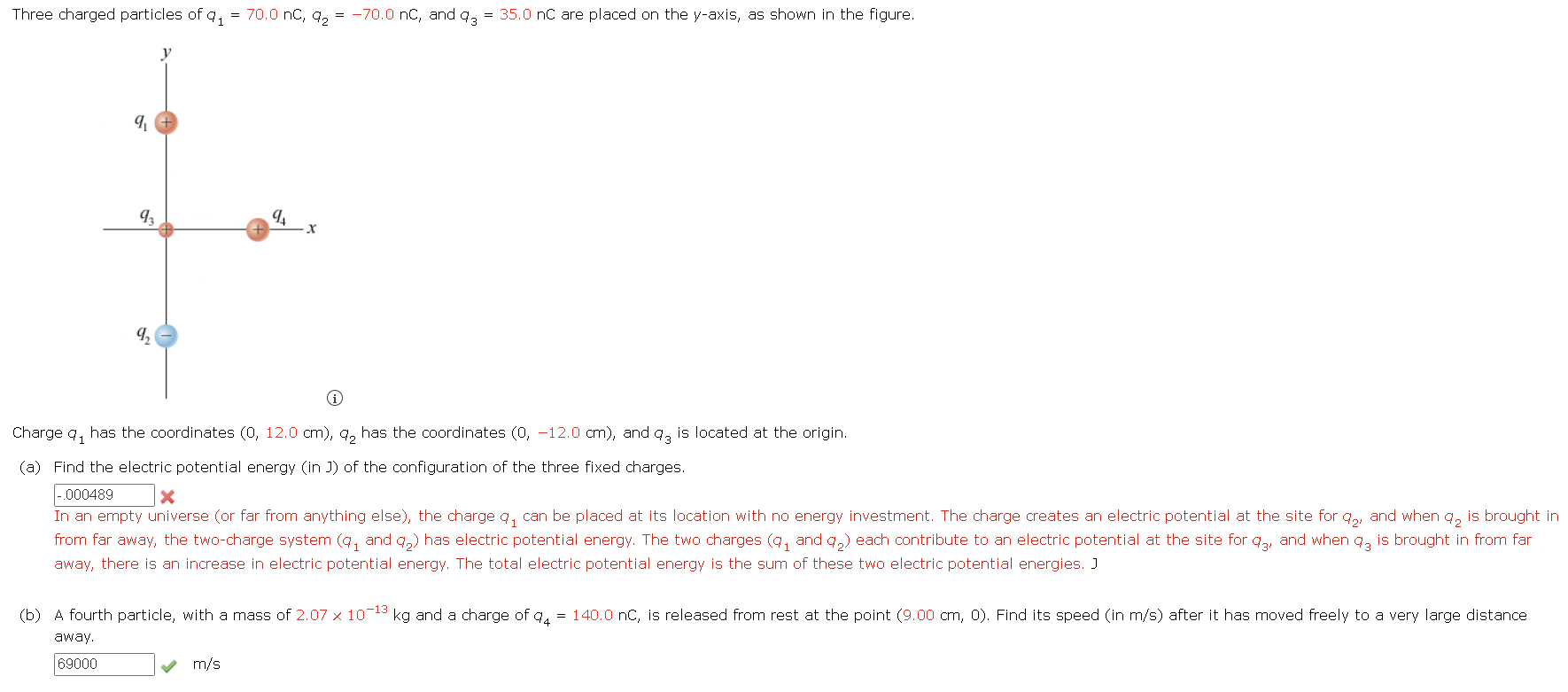 Solved Three charged particles of q1=70.0nC,q2=-70.0nC, ﻿and | Chegg.com