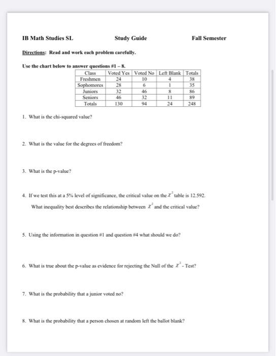 Solved IB Math Studies SL Study Guide Directions: Read and | Chegg.com