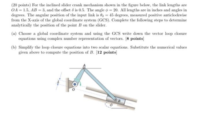 Solved (20 points) For the inclined slider crank mechanism | Chegg.com