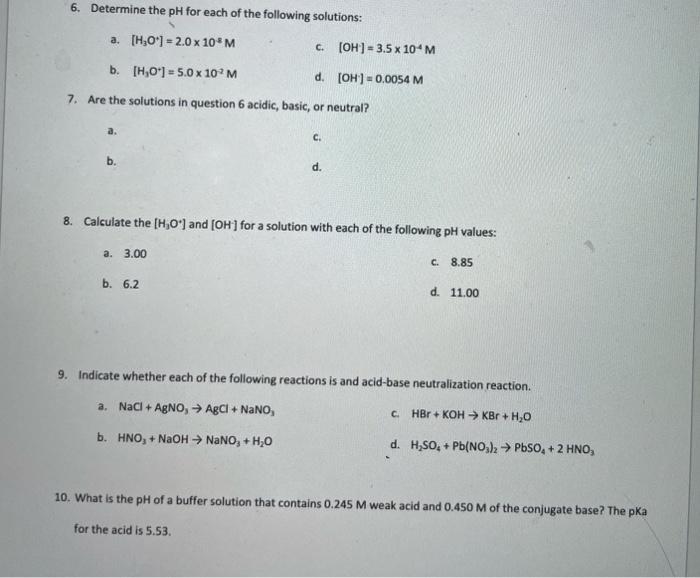 Solved 6. Determine the pH for each of the following | Chegg.com