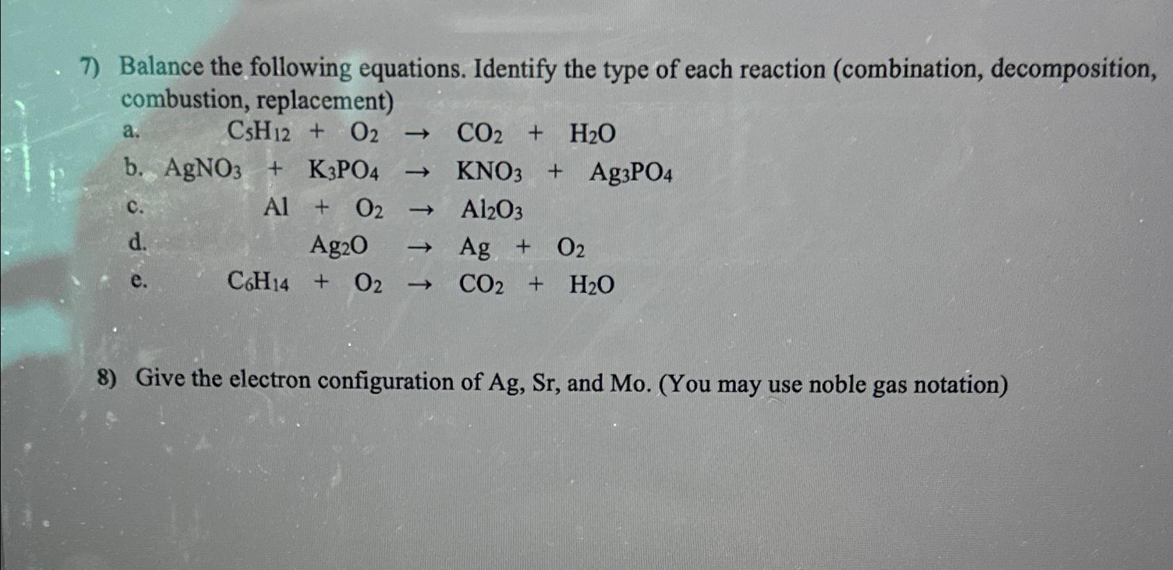 Solved Balance the following equations. Identify the type of | Chegg.com