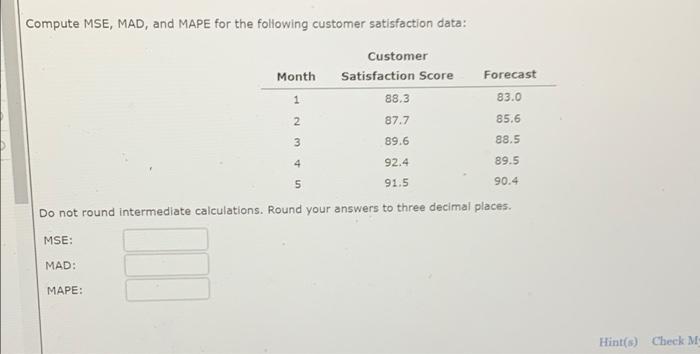 Solved Compute MSE, MAD, and MAPE for the following customer | Chegg.com