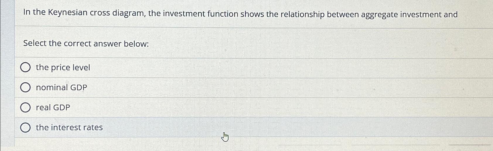 Solved In the Keynesian cross diagram, the investment | Chegg.com