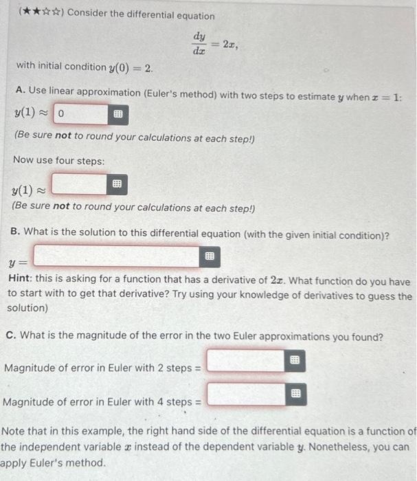 Solved Consider the differential equation dxdy=2x with | Chegg.com