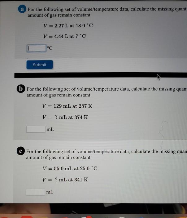 Solved a For the following set of volume/temperature data, | Chegg.com